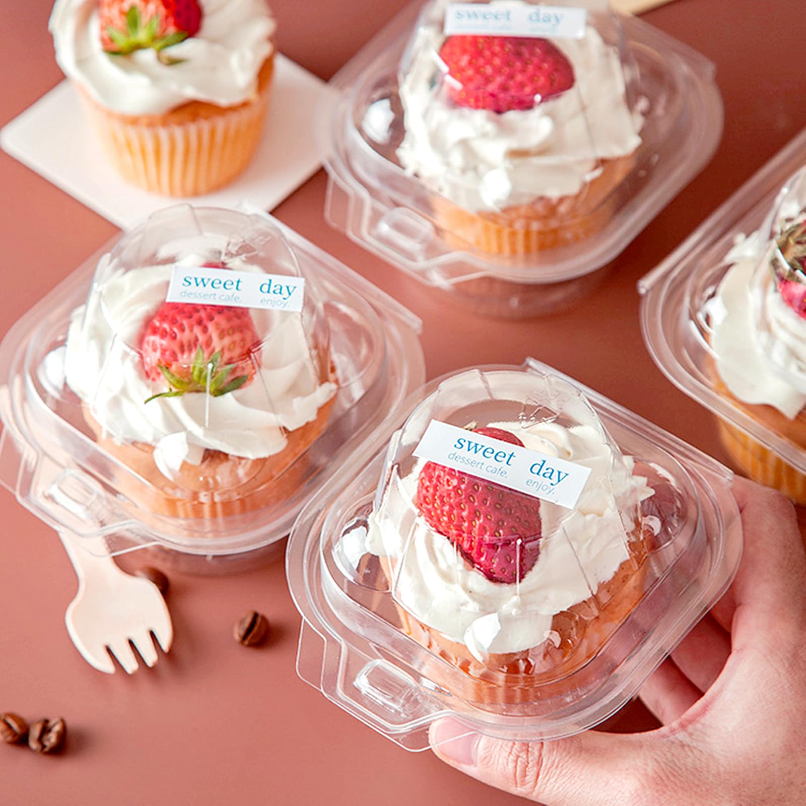 TOFLEN Individual Cupcake Containers (100-Count) Bulk Disposable Plastic Cupcake Holder, Stackable Deep Dome Lid Cupcake To Go Box for Single Muffin, Hot Cocoa Bomb and More