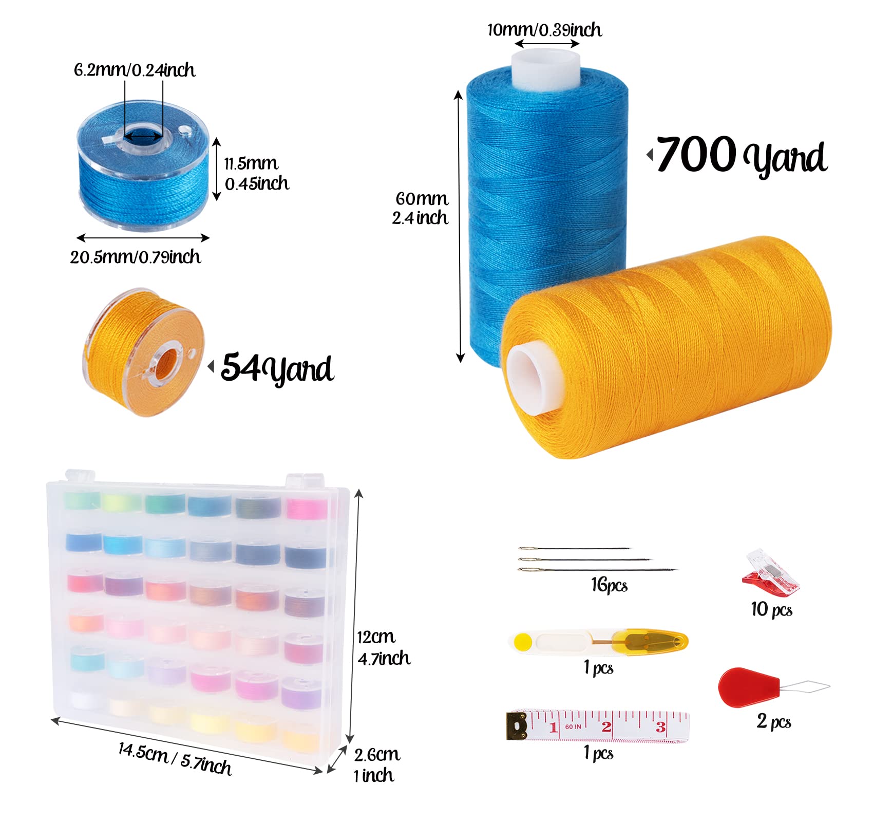 ilauke 700Yards Sewing Thread, 72Pcs Prewound Bobbins and Thread Spools per Polyester Sewing Thread Spools, 36Colors Machine Thread for Sewing Brother Singer Janome Machine with Sewing Supplies