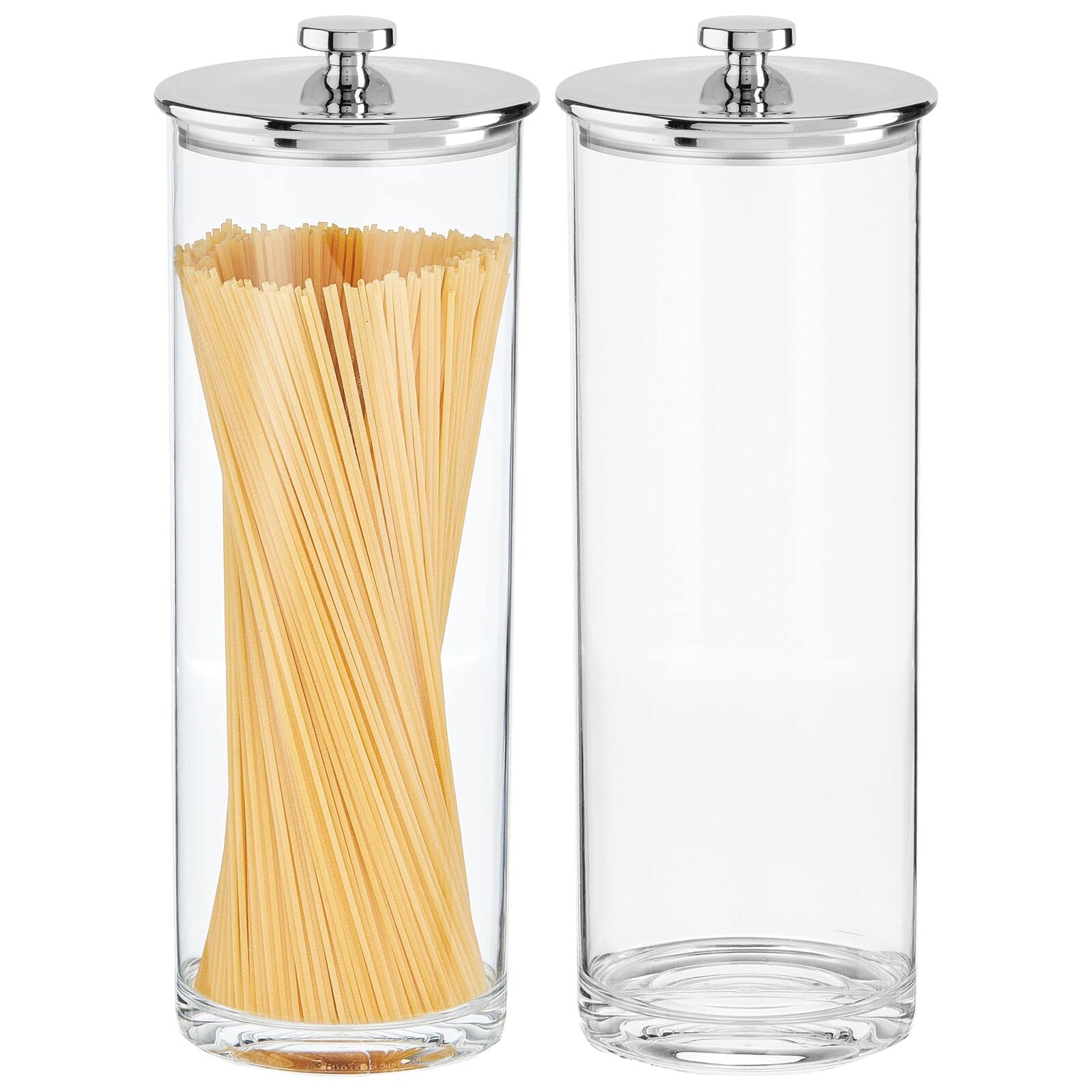 mDesign Tall Acrylic Airtight Apothecary Storage Organizer Canister Jars - Plastic Containers with Lid for Kitchen - Holder for Pantry or Countertop, Lumiere Collection, 2 Pack, Clear/Chrome