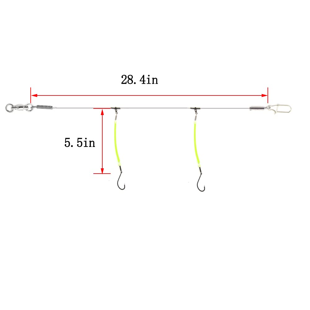 High-Strength 49 Strands Steel Surf Fishing Rigs with 2 Hooks,Saltwater Fishing Assecories Nylon-Coating Steel Wire with Hooks Swivels Snap Connect 2 Arm Rig (Hook Size 14#)