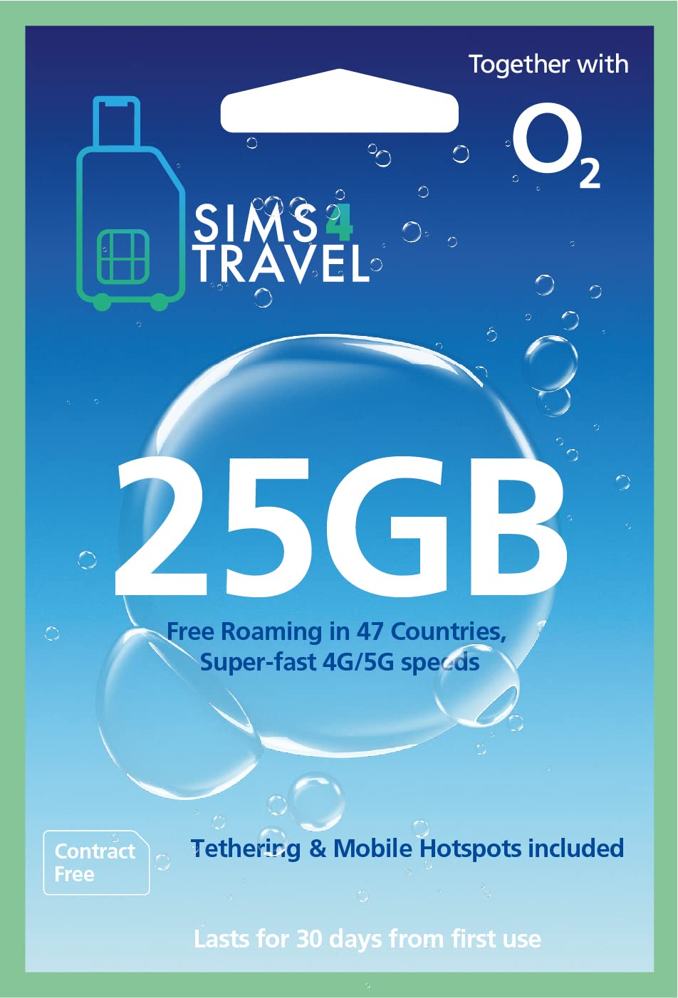 Sims4Travel Prepaid O2 SIM Card Pre-Loaded with 25GB of 4G/5G Data for use in 47 Countries Worldwide (Valid for 30 Days). No Commitments, No Checks, No Tie-ins and No Personal ID. Easy to Renew