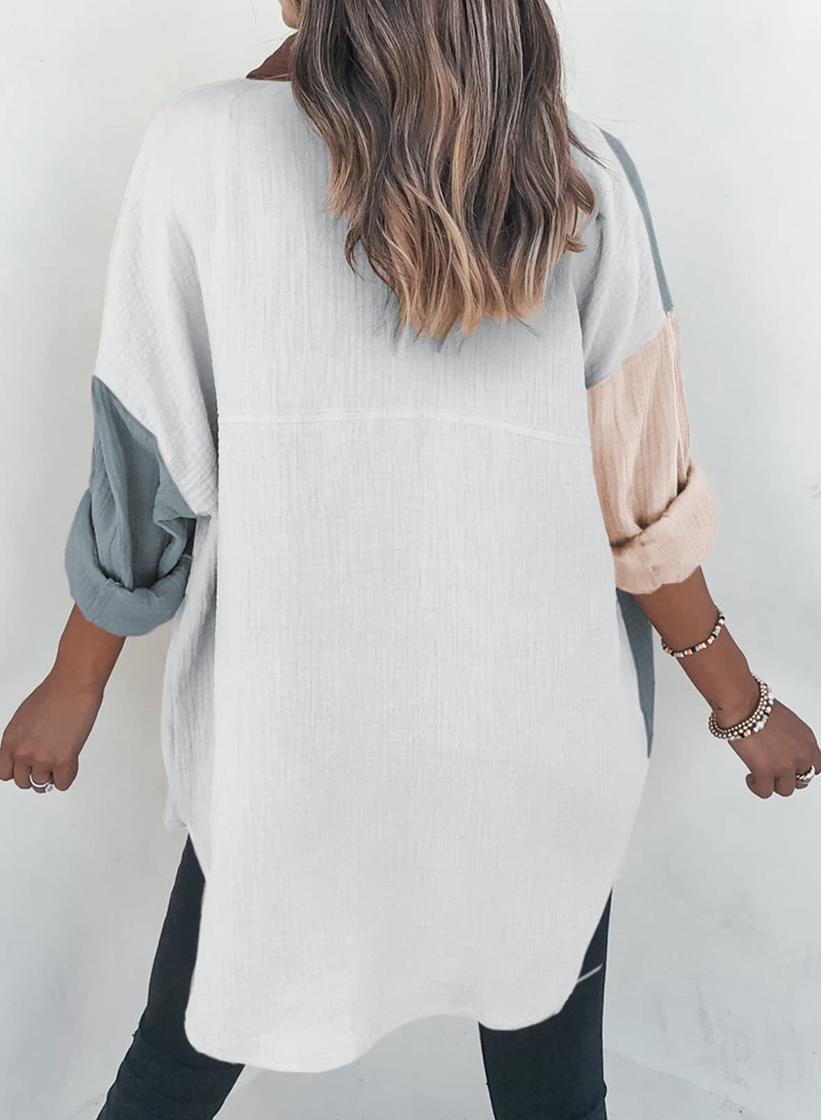 Dokotoo Women's Cute Spring Button Down Lightweight Soft V Neck Collared Long Sleeve Shirts for Women Casual Loose Fashion Summer Blouses Tops with Pockets Grey L
