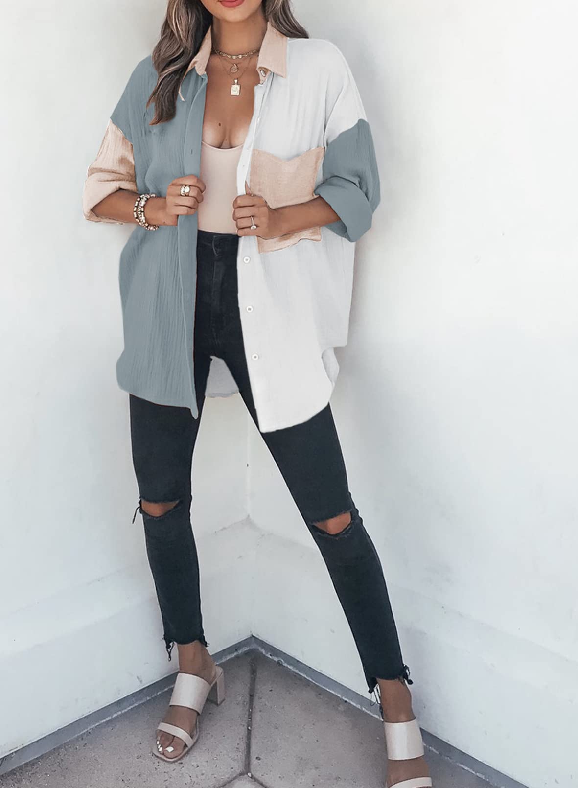 Dokotoo Women's Cute Spring Button Down Lightweight Soft V Neck Collared Long Sleeve Shirts for Women Casual Loose Fashion Summer Blouses Tops with Pockets Grey L