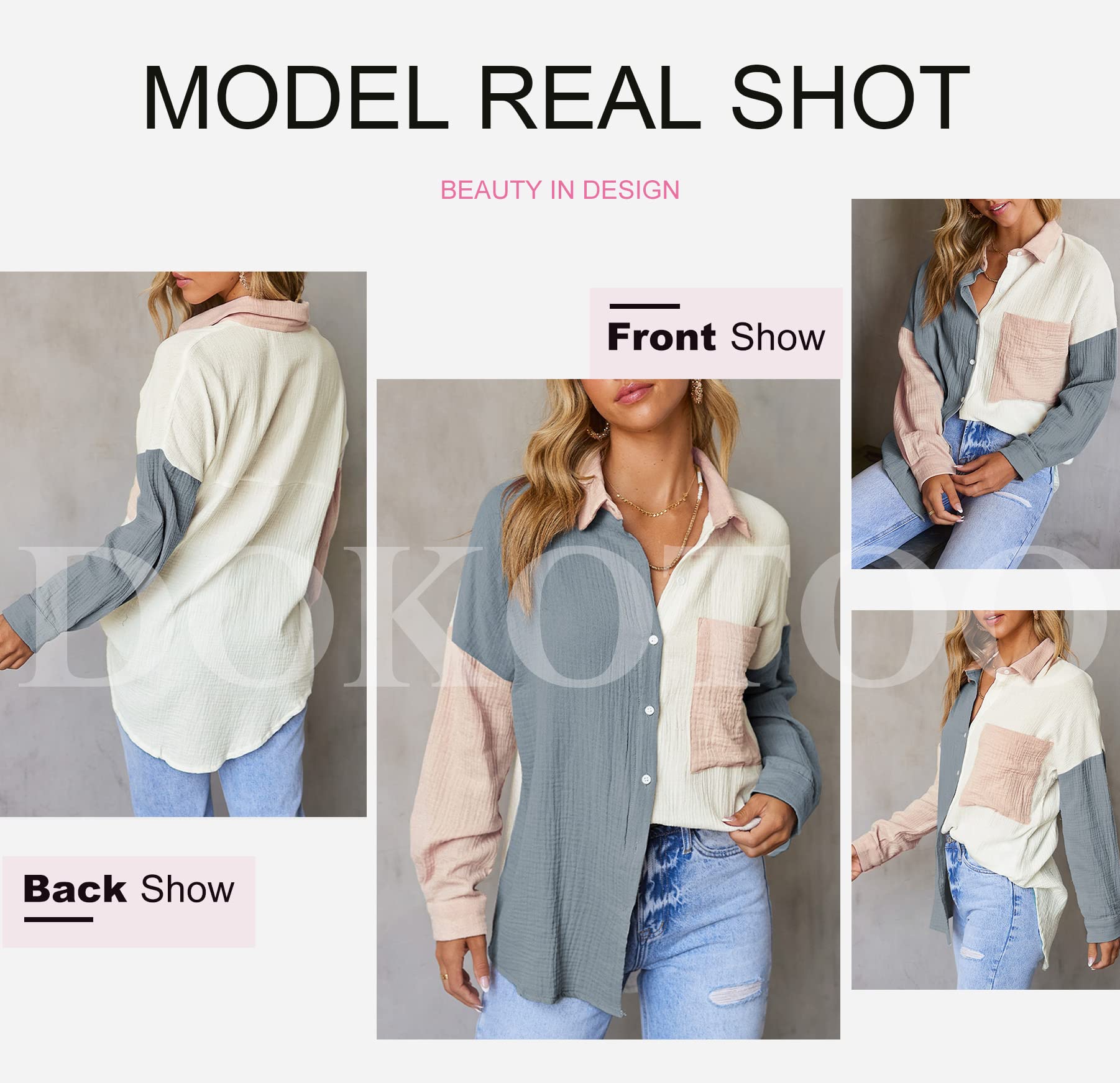 Dokotoo Women's Cute Spring Button Down Lightweight Soft V Neck Collared Long Sleeve Shirts for Women Casual Loose Fashion Summer Blouses Tops with Pockets Grey L