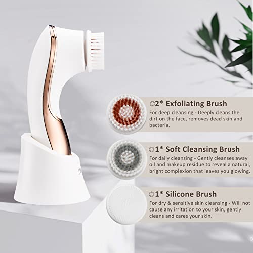 Facial Cleansing Brush, Electric Face Brush Scrubber Rechargeable Facial Exfoliator IPX-7 Waterproof Spin Cleanser Rotating Spa Machine for Exfoliating, Massaging and Deep Cleansing with 4 Brush Heads