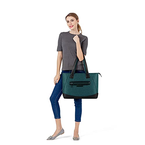MOSISO Laptop Tote Bag (17-17.3 inch), Lightweight PU & Polyester Women Work Travel Shopping Carrying Shoulder Handbag with Compartment, Deep Teal