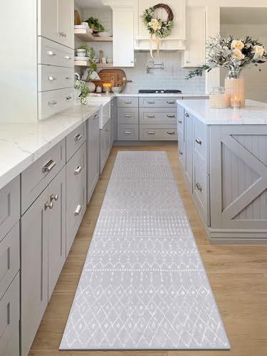 LIVEBOX Washable Grey 2.5x8 Runner Rug Non-Slip for Entryway, Neutral Moroccan Kitchen Rug Long Hallway Rug Runner, Boho Geometric Low-Pile Carpet Throw Rug for Bathroom Laundry Room