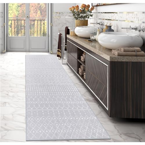 LIVEBOX Washable Grey 2.5x8 Runner Rug Non-Slip for Entryway, Neutral Moroccan Kitchen Rug Long Hallway Rug Runner, Boho Geometric Low-Pile Carpet Throw Rug for Bathroom Laundry Room