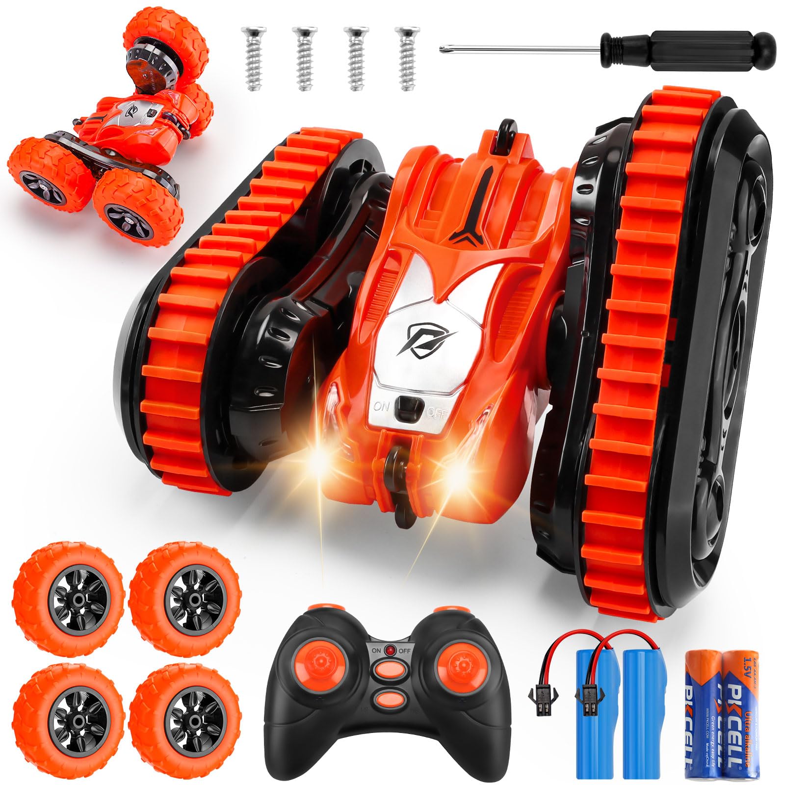 Makerfire Stunt Remote Control Car,2-in-1 Rc Cars 2.4GHz Double-Sided Driving 360° Flips Rotating with Headlights RC Crawler,4WD Car Toy Gift for Kids, Suitable for Playing on Grass,Sand,Snow-Orange
