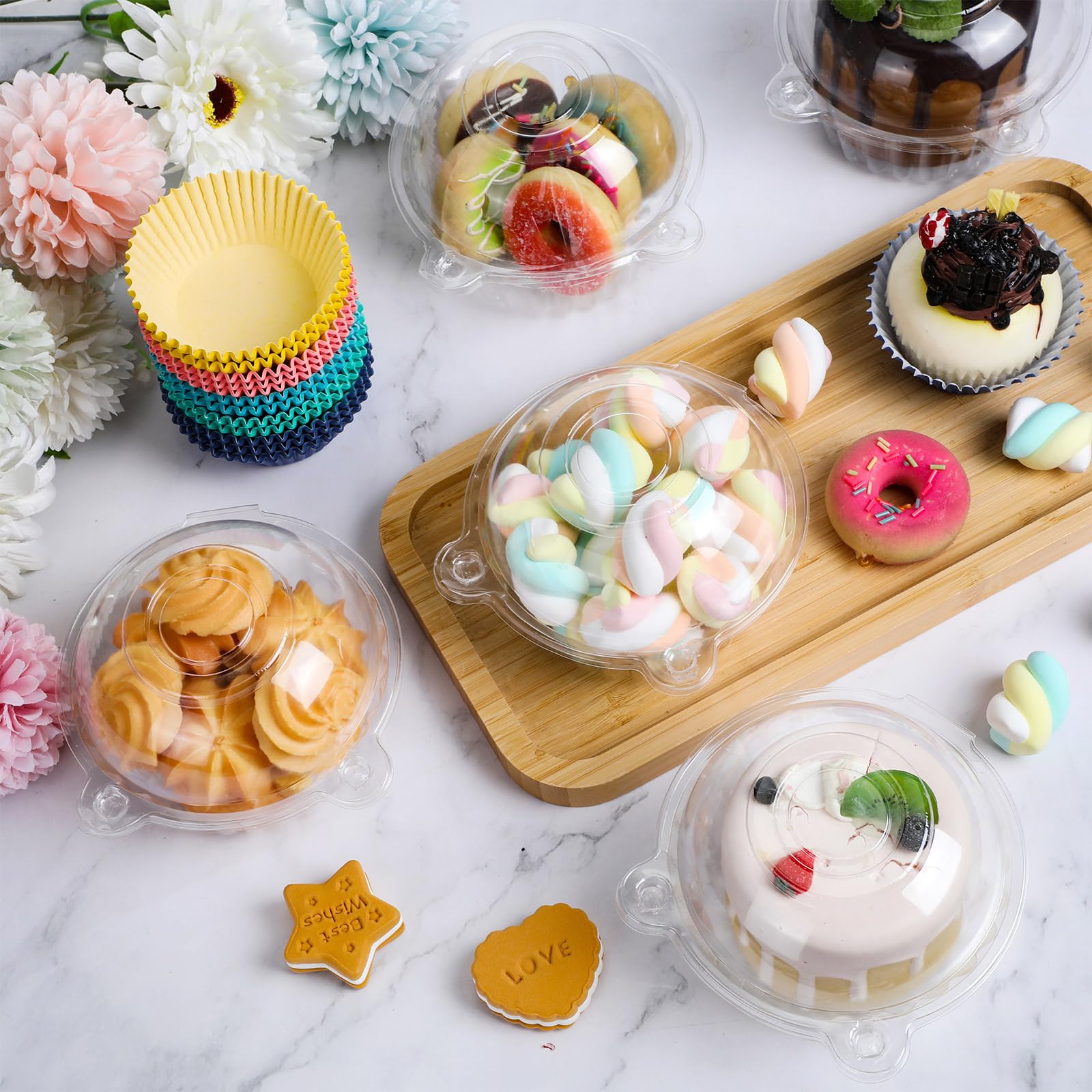Amyhill 200 Set Cupcake Holders Individual with Cupcake Liners Including 200 Disposable Clear Plastic Cupcake Containers with Dome Lid and 300 Paper Cupcake Wrappers for Baking Muffin, Cat Style