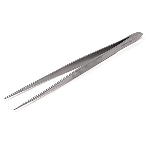 Professional Stainless Steel Tweezers 6" with Fine Serreted Precision Straight Tips for Facial Hair, Splinter and Ingrown Hair Removal Used by Women & Men