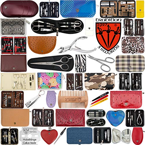 3 Swords Germany - brand quality 5 piece manicure pedicure grooming kit set for professional finger & toe nail care scissors clipper genuine leather case in gift box, Made in Solingen Germany (03638)