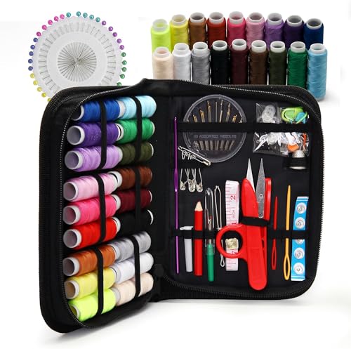 Sewing kit, XL Sewing Supplies for DIY, Beginners, Adult, Kids, Campers, Travel,Portable Emergency Repair Set with Scissors, Thimble, Thread, Needles, Tape Measure, Case and Accessories (128PCS)