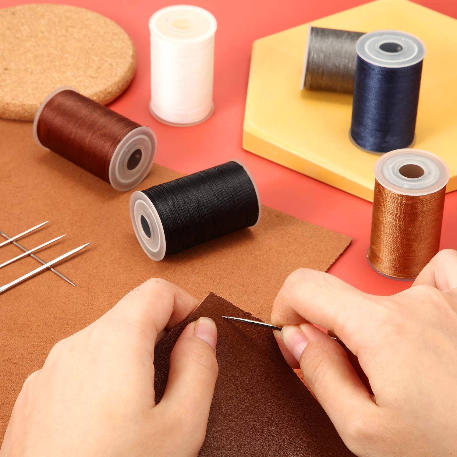 6 Rolls Strong Upholstery Thread High Strength Sewing Waxed Thread with Hand Stitching Needle Set for Denim Leather Craft DIY Machine (White, Black, Light Grey, Dark Blue, Khaki, Coffee, 0.55 mm)
