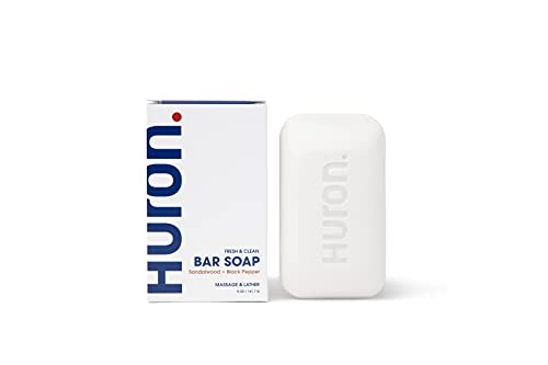 Huron Bar Soap for Men - Hydrating Body Soap - Vitamin-Rich Soap With Shea Butter & Coconut Oil - Keeps Skin Clean, Smooth, & Moisturized - Sandalwood + Black Pepper, 1 Bar