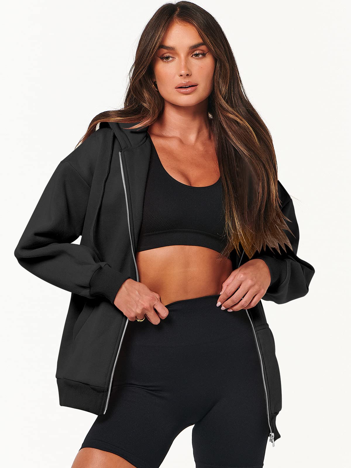 ANRABESS Womens Zip Up Hoodies Long Sleeve Oversized Sweatshirts Fleece Y2K Jacket Pockets 2025 Fall Outfits Fashion Clothes Black X-Large