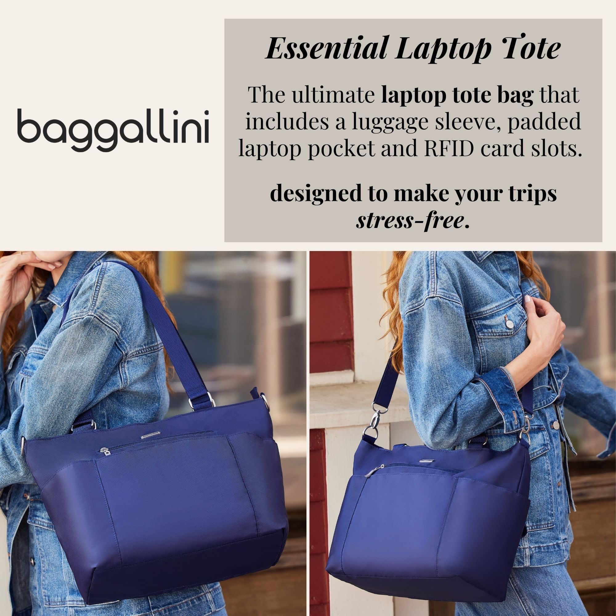 Baggallini Essential Laptop Tote - Work Tote Bag with Laptop Sleeve - Lightweight Travel Crossbody Shoulder Bag for Women, Black