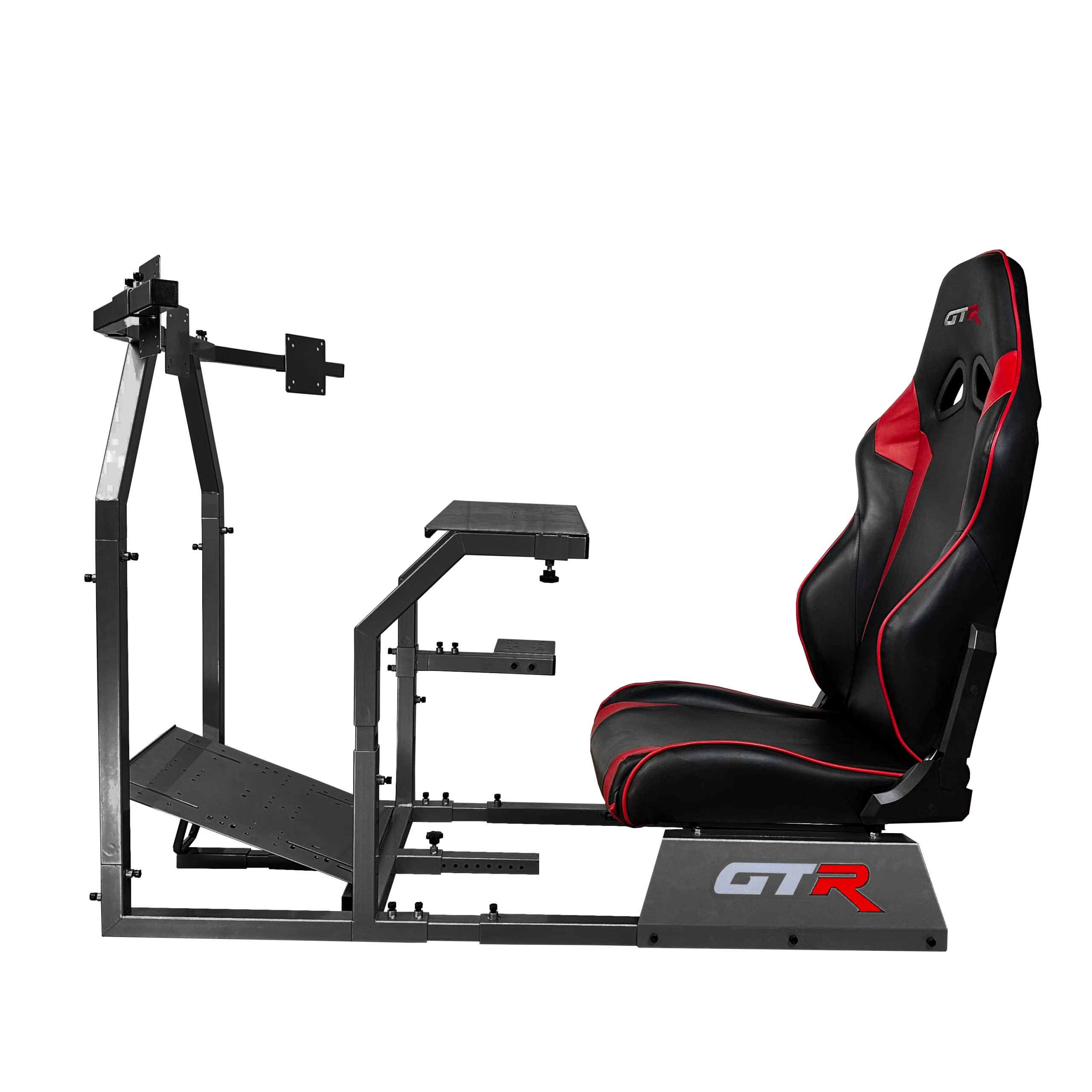 GTR Simulator GTA-F Model Black Frame Triple | Single Monitor Stand with Black Red Adjustable Leatherette Seat Racing Driving Gaming Simulator Cockpit Chair