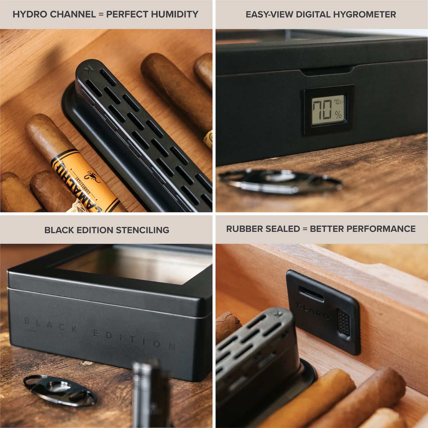 CASE ELEGANCE MAG Cigar Humidor, Glass Top with Magnetic Seal, Storage for 20-30 Cigars, Matte Black with Custom Polished Black Hardware, Digital Hygrometer, Spanish Cedar, New Hydro Channel