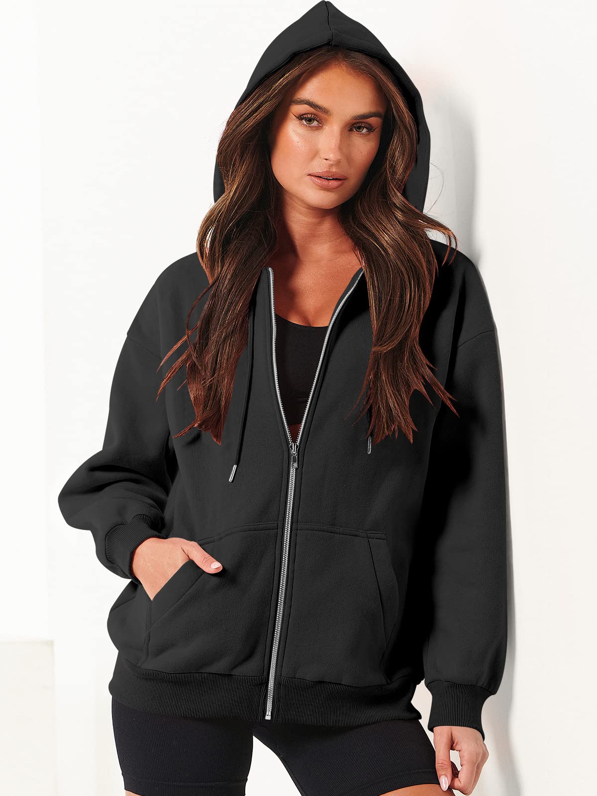 ANRABESS Womens Zip Up Hoodies Long Sleeve Oversized Sweatshirts Fleece Y2K Jacket Pockets 2025 Fall Outfits Fashion Clothes Black X-Large