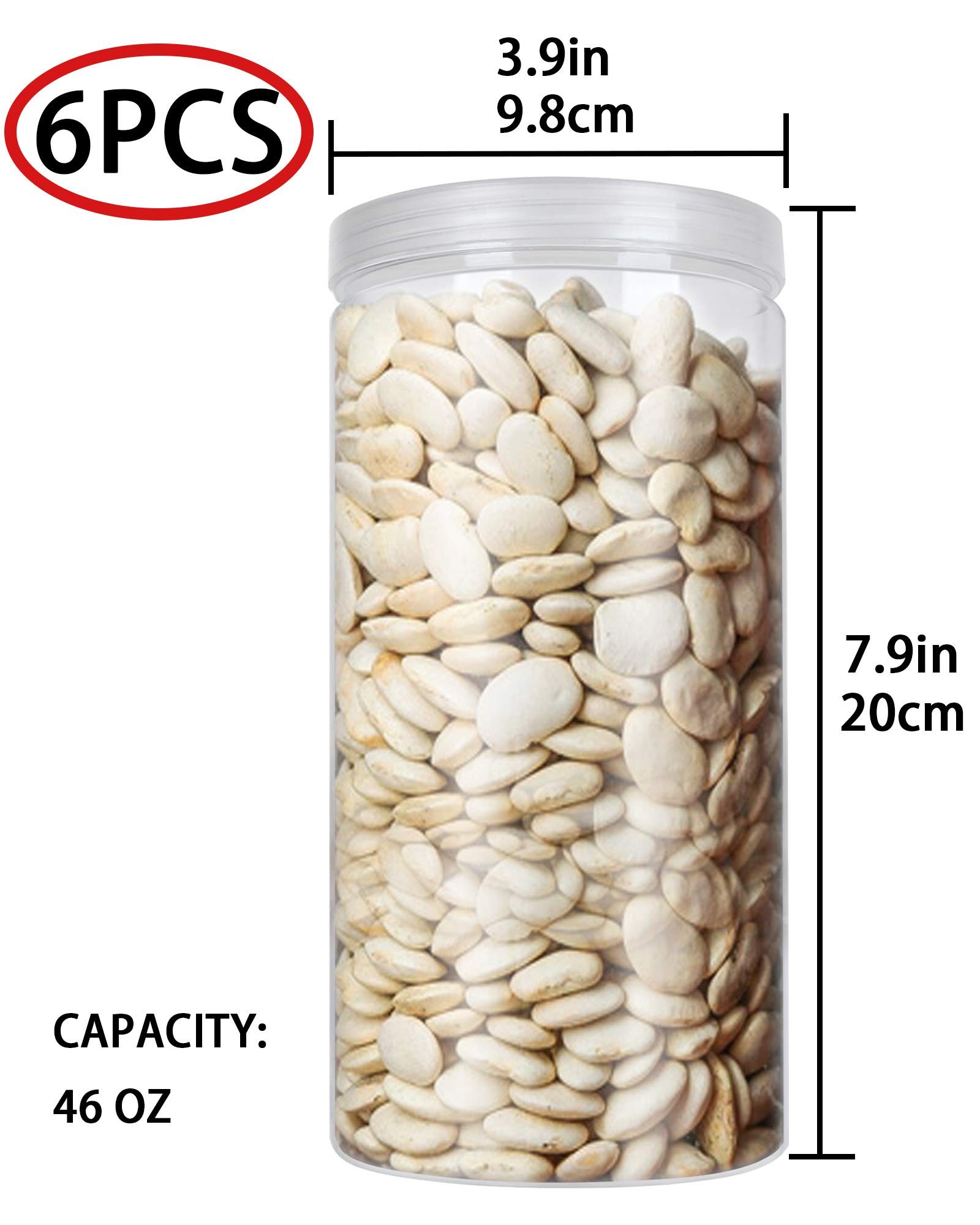EATHEATY 6 Pack 46oz/1360ml Large Plastic Jars with Lid, Wide Mouth Empty Clear PET Storage Containers with Lid, Tall Plastic Candy Cylinder Storage Jars for Dry Food, Peanut, Powder, Kitchen, Snacks