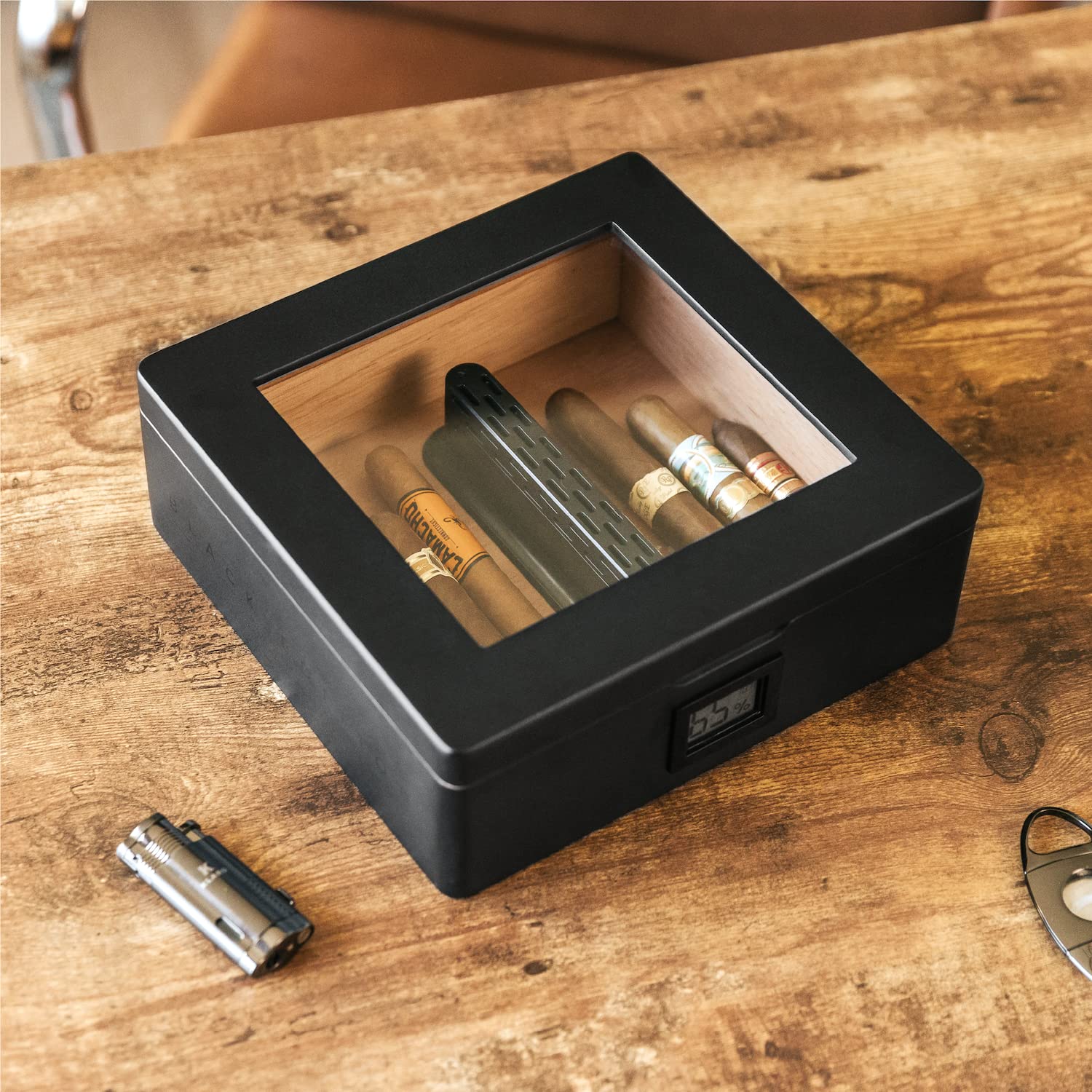 CASE ELEGANCE MAG Cigar Humidor, Glass Top with Magnetic Seal, Storage for 20-30 Cigars, Matte Black with Custom Polished Black Hardware, Digital Hygrometer, Spanish Cedar, New Hydro Channel