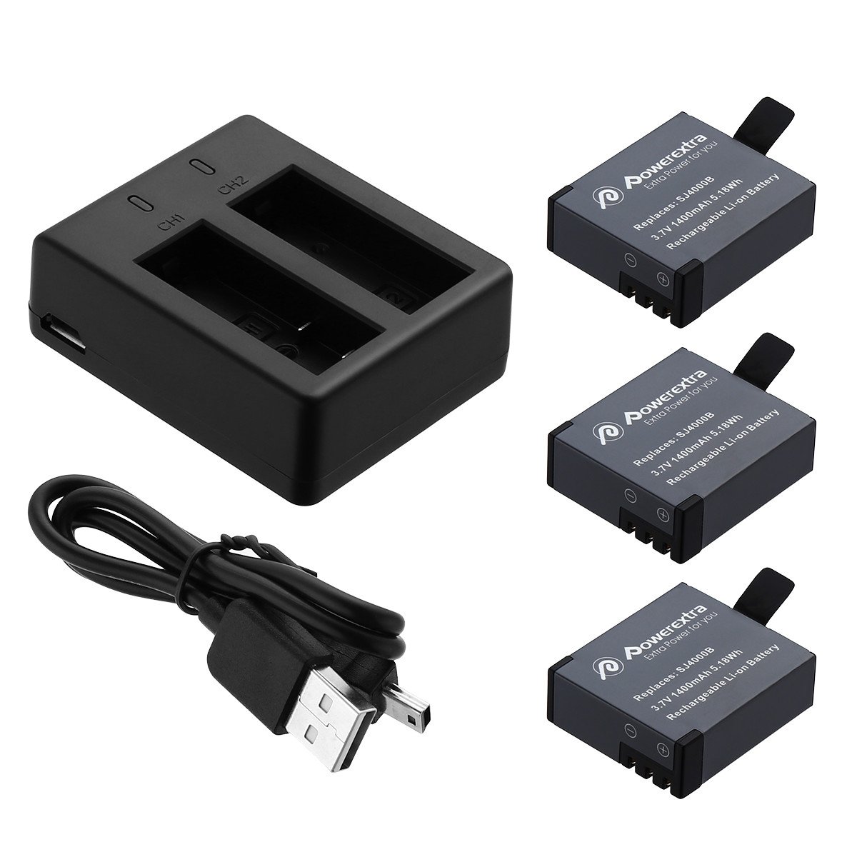 Powerextra SJ4000 3 x1400mAh Action Camera Battery and USB Dual Charger Compatible with SJ4000 SJ5000 SJ6000 SJ7000 SJ8000 of SJCAM Sport Cameras and More