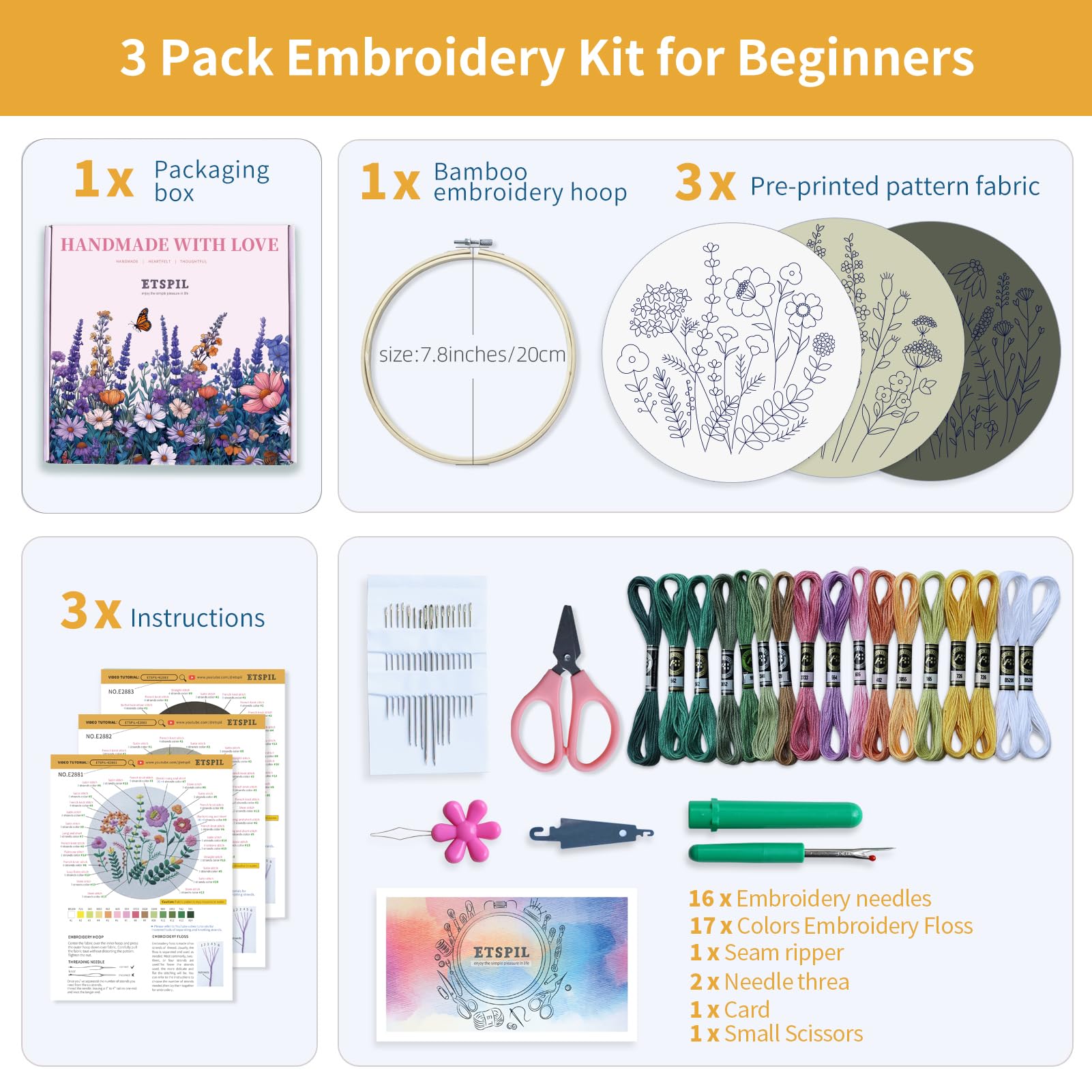ETSPIL 3 Pack Beginner Embroidery Kits for Adults, DIY Starter Set with Stamped Flower Designs, Embroidery Hoop, Colorful Threads, Tools, Step-by-Step Instructions & Video Tutorial