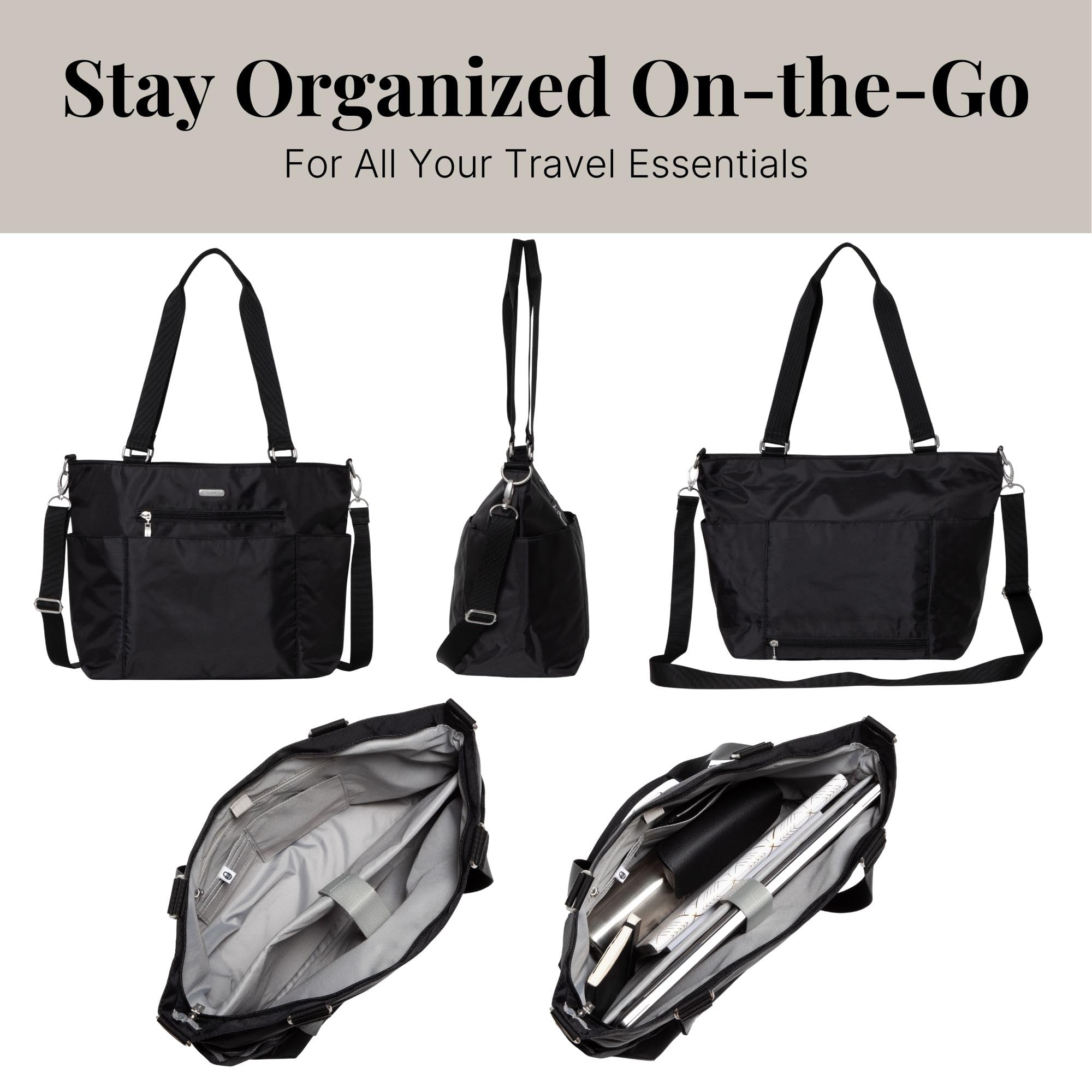 Baggallini Essential Laptop Tote - Work Tote Bag with Laptop Sleeve - Lightweight Travel Crossbody Shoulder Bag for Women, Black