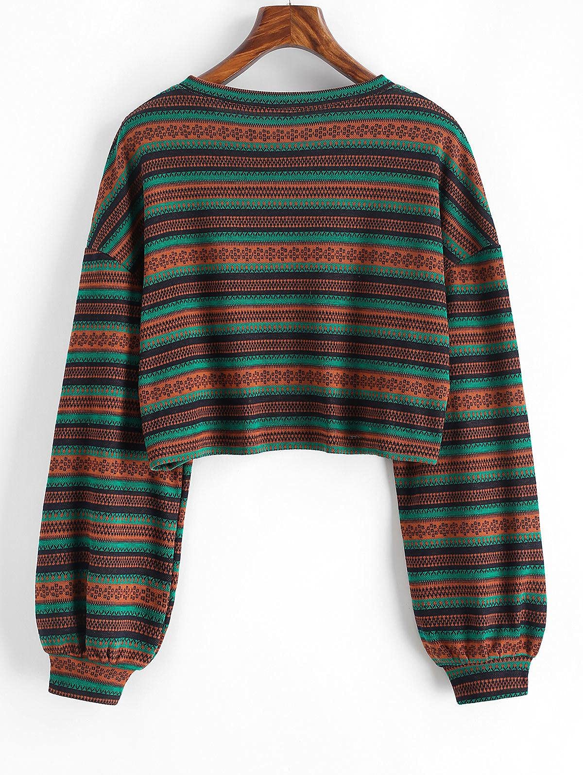ZAFUL Women's Tribal Ethnic Graphic Cropped Knitwear Bohemian Long Sleeve Pullover Sweater Boho Drop Shoulder Knitted Top Multicolored