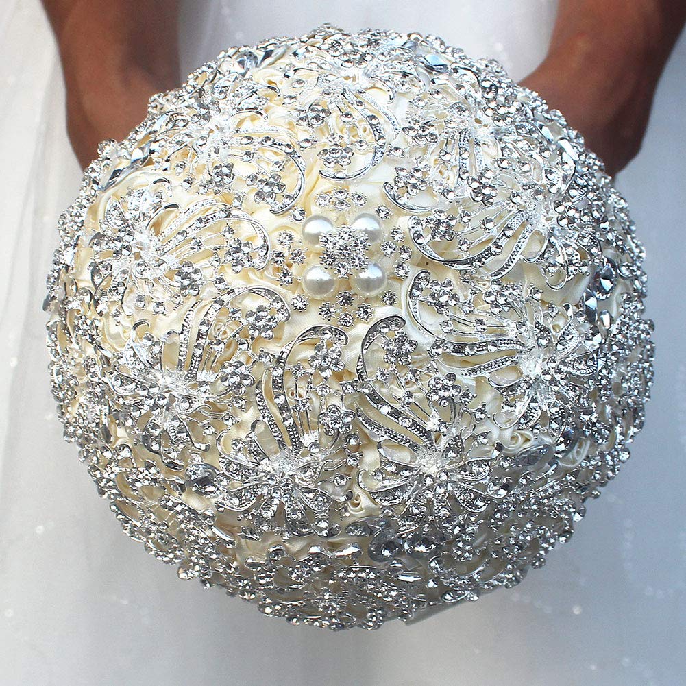 DOTKV Wedding Bouquet with Silver Luxury Artificial Diamond,Set Including Bouquets, Wrist Flowers,Corsage for Your Wedding with Full Hand-Made (Silver+Ivory)