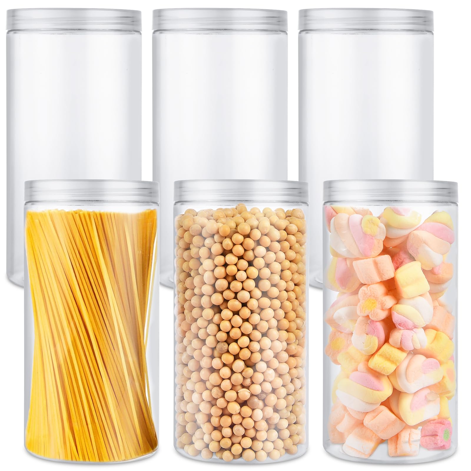 EATHEATY 6 Pack 46oz/1360ml Large Plastic Jars with Lid, Wide Mouth Empty Clear PET Storage Containers with Lid, Tall Plastic Candy Cylinder Storage Jars for Dry Food, Peanut, Powder, Kitchen, Snacks