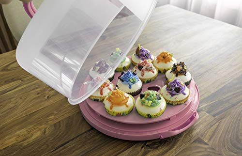 Red Co. 11 inch Cake & Cupcake Muffin Carrier Holder with Collapsible Handles, Pink Tray/Clear Lid