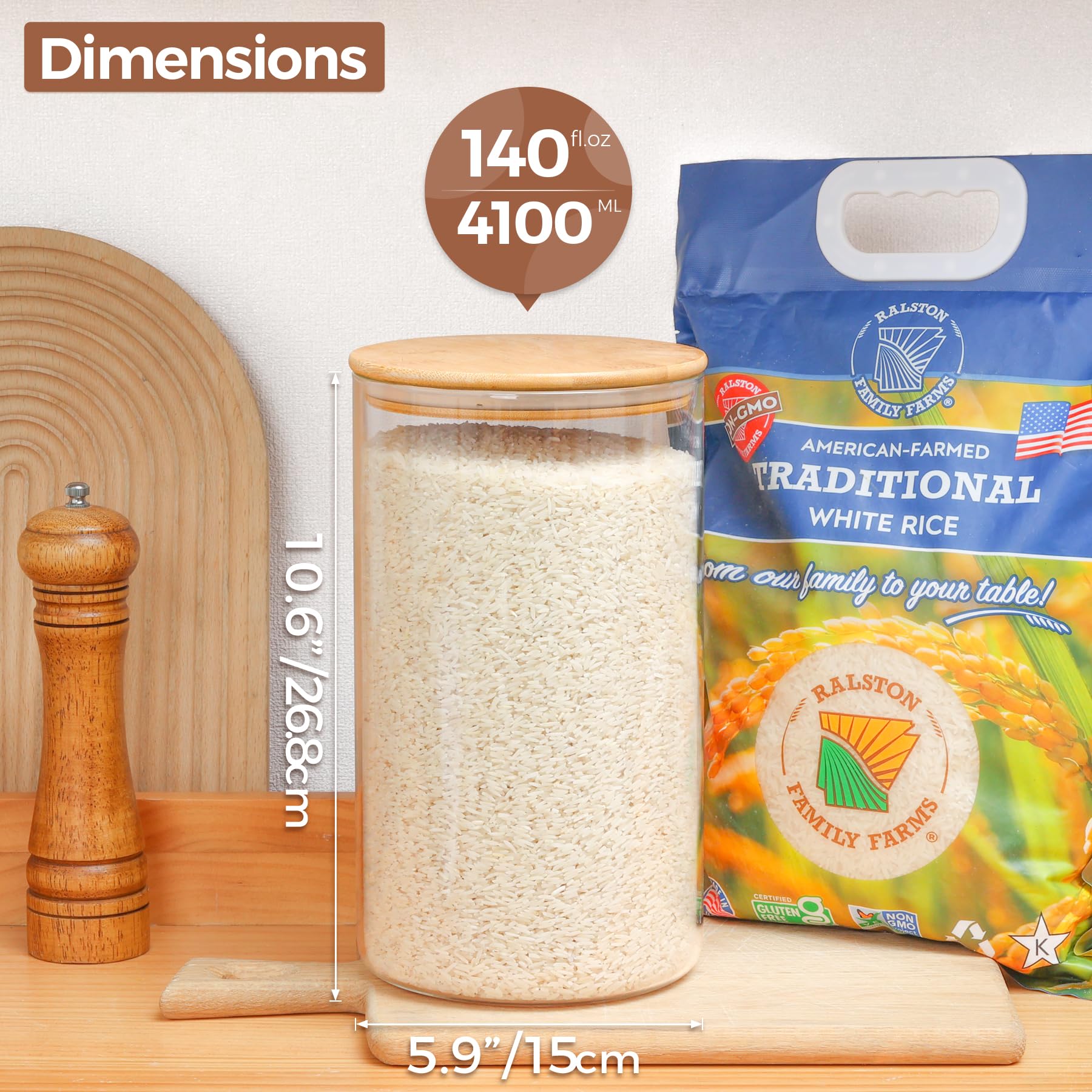 ComSaf Glass Jar with Airtight Lid (140 oz/4 liter/1.1 Gallon), Large Food Storage Container with Bamboo Lid, Glass Jars with Lids for Food
