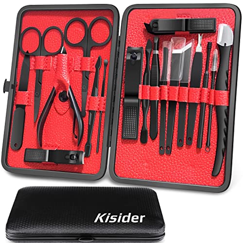 KISIDER Manicure Set Pedicure Kit - 18 PCS Premium Stainless Steel Nail Tools Manicure Kit Nail Clippers Nail Care Tools Nail Grooming Kits with Portable Travel Case Gift for Men Women
