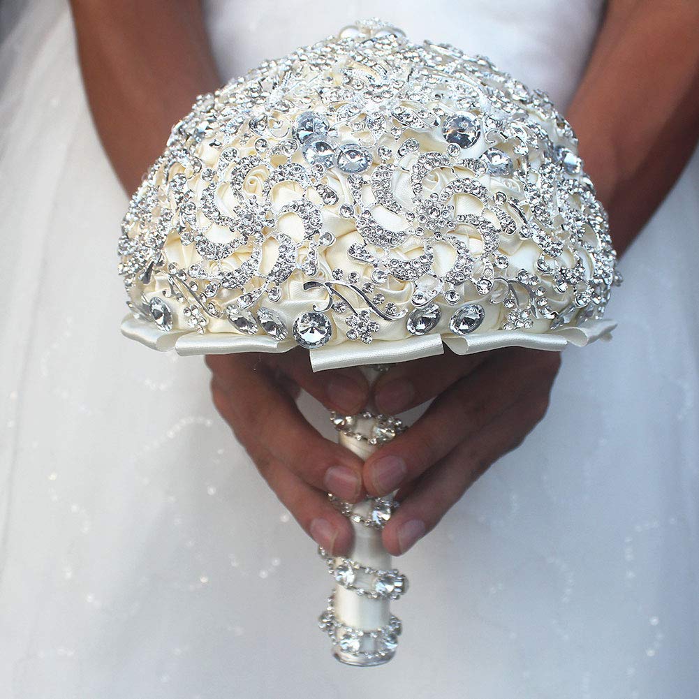 DOTKV Wedding Bouquet with Silver Luxury Artificial Diamond,Set Including Bouquets, Wrist Flowers,Corsage for Your Wedding with Full Hand-Made (Silver+Ivory)