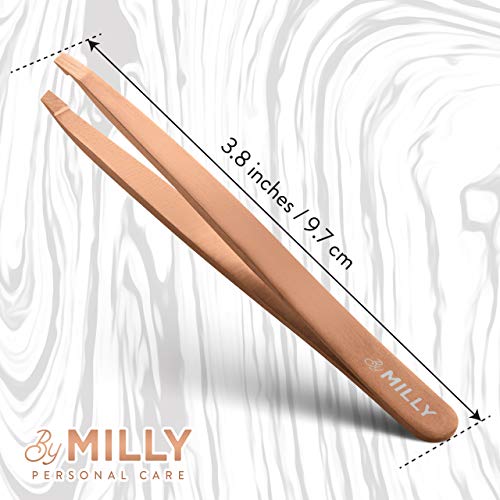 By MILLY German Steel Professional Slanted Tweezers - Hammer Forged 100% Stainless Steel - Hand-Filed and Aligned Slant Tips for Precision - Rose Gold