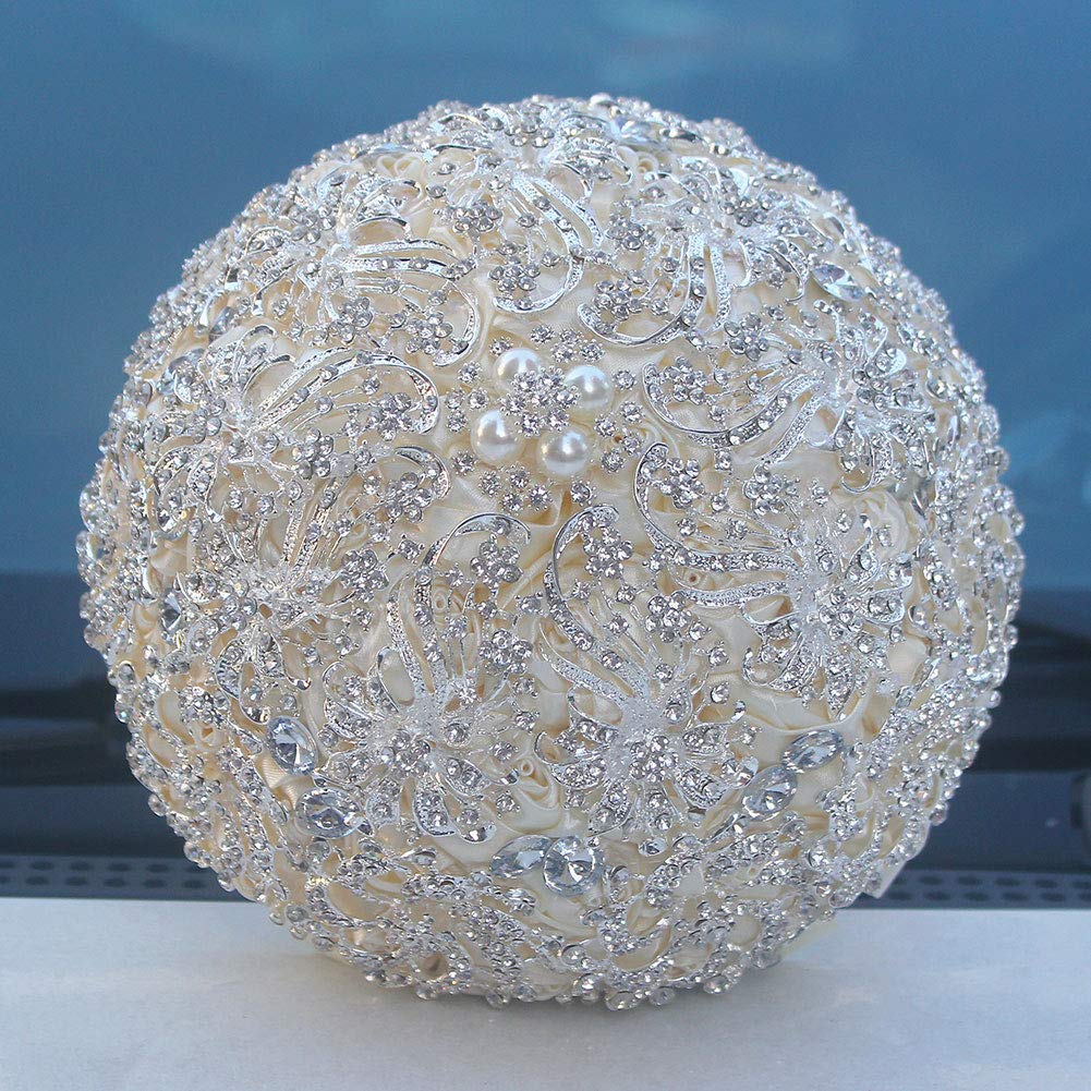 DOTKV Wedding Bouquet with Silver Luxury Artificial Diamond,Set Including Bouquets, Wrist Flowers,Corsage for Your Wedding with Full Hand-Made (Silver+Ivory)