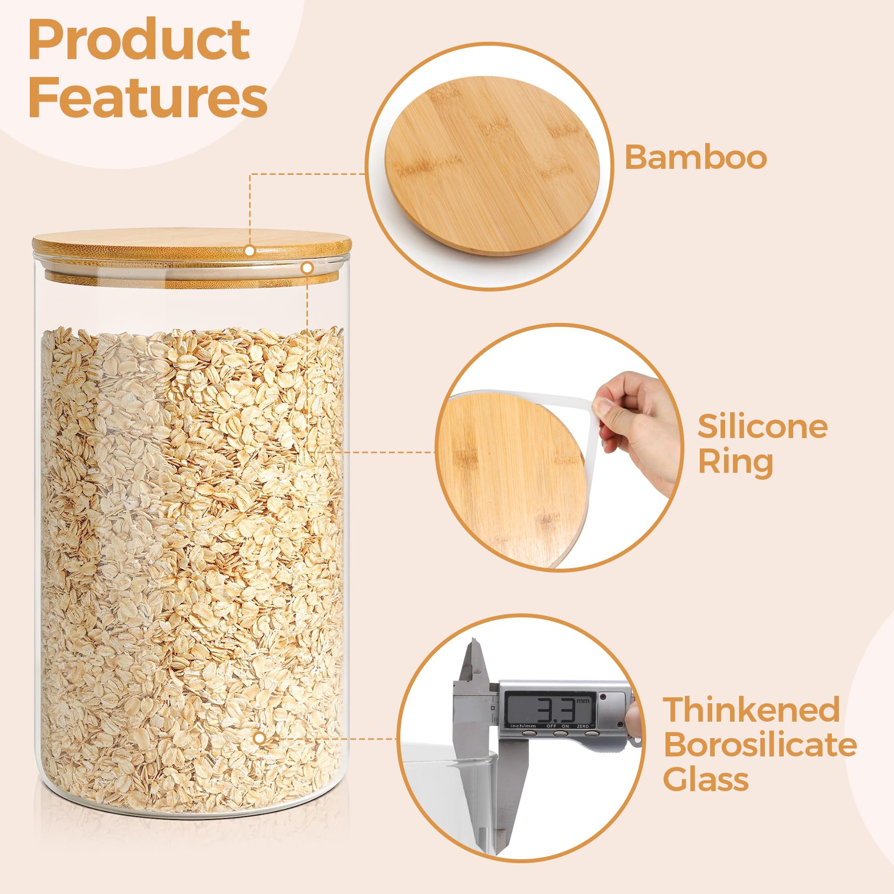 ComSaf Glass Jar with Airtight Lid (140 oz/4 liter/1.1 Gallon), Large Food Storage Container with Bamboo Lid, Glass Jars with Lids for Food