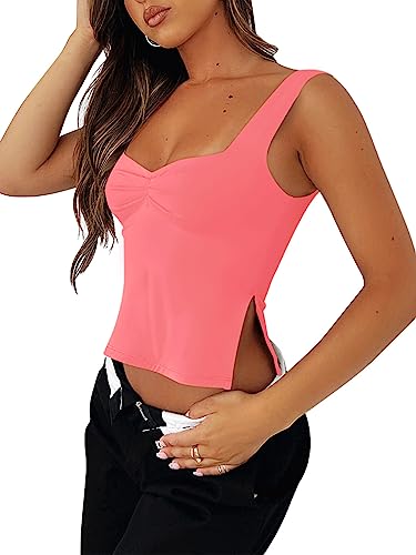 REORIA Women's Sexy Square Neck Ruched Double Lined Split Y2K Tank Crop Tops Peach Pink Small