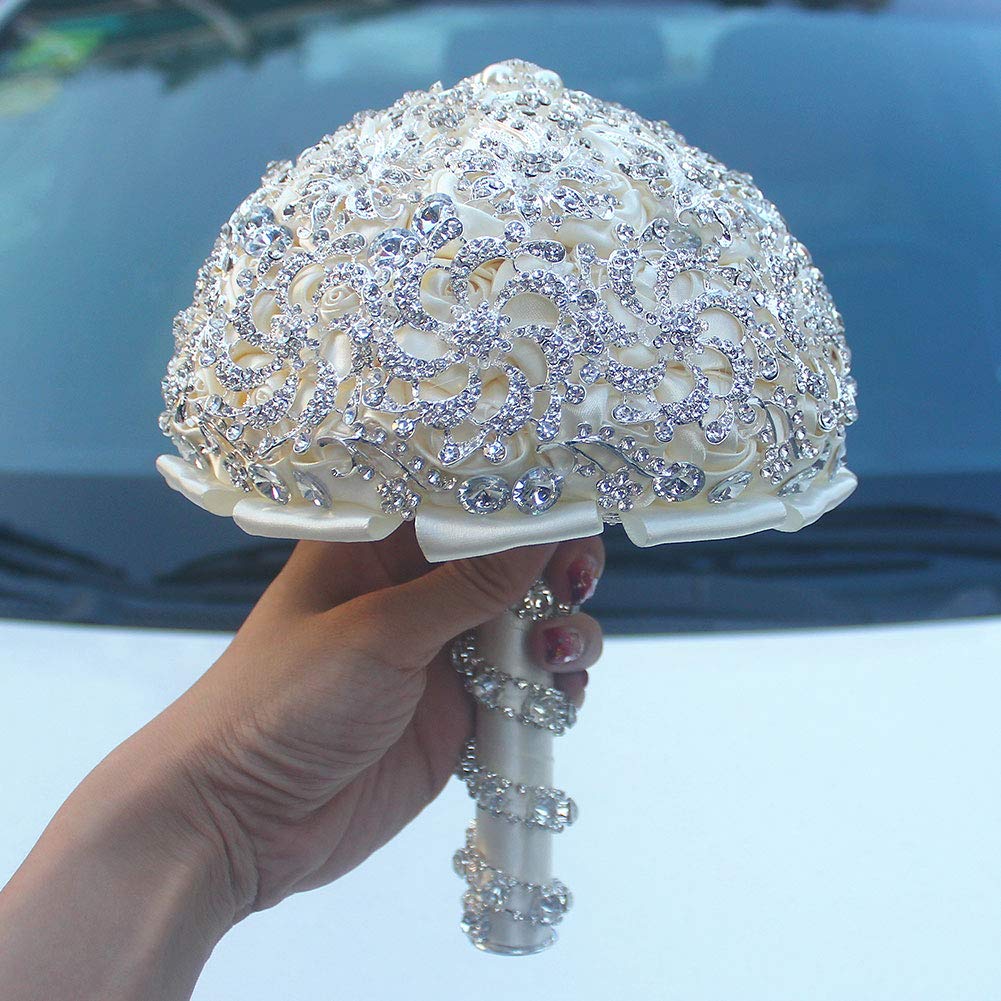 DOTKV Wedding Bouquet with Silver Luxury Artificial Diamond,Set Including Bouquets, Wrist Flowers,Corsage for Your Wedding with Full Hand-Made (Silver+Ivory)