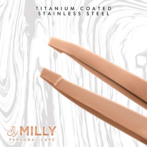 By MILLY German Steel Professional Slanted Tweezers - Hammer Forged 100% Stainless Steel - Hand-Filed and Aligned Slant Tips for Precision - Rose Gold