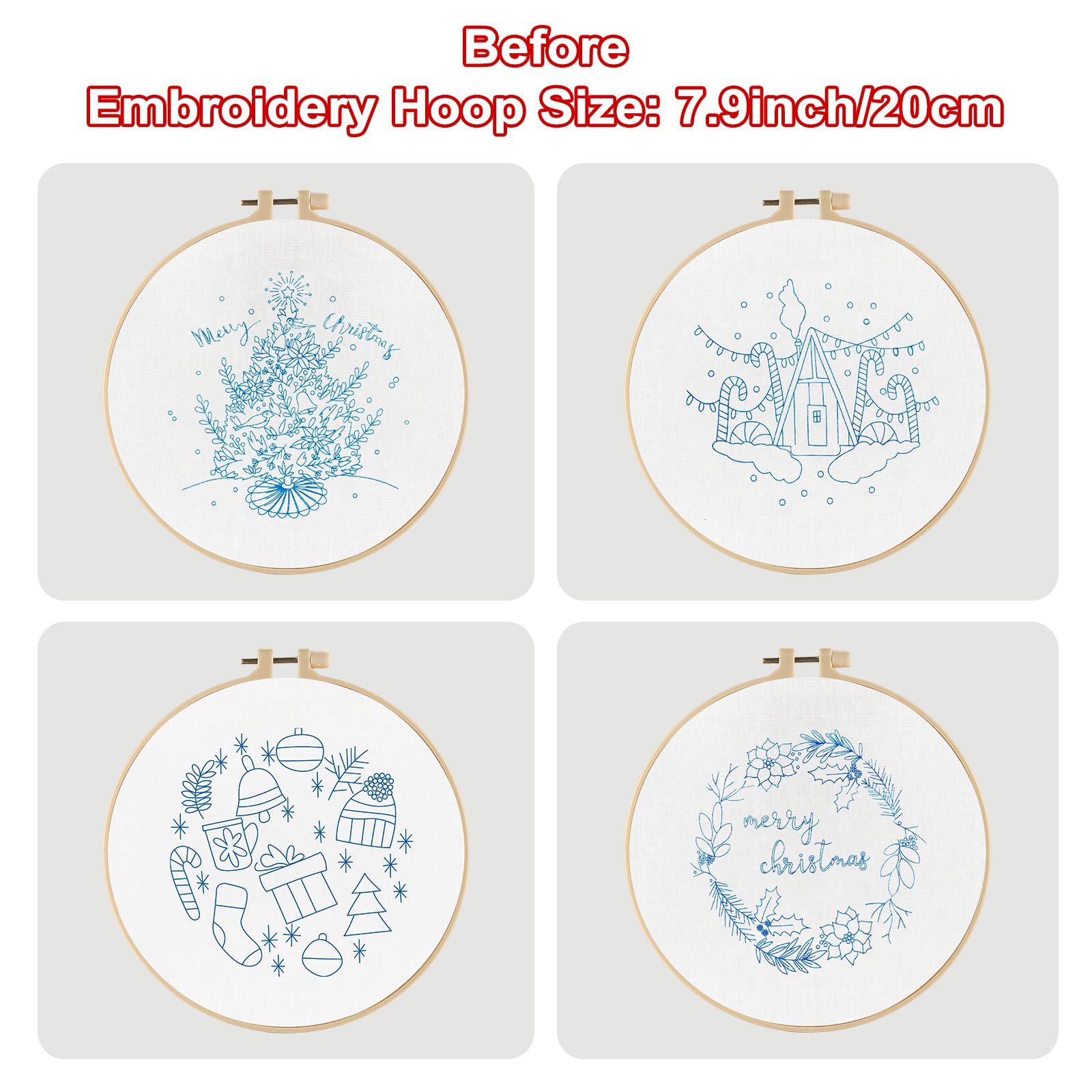 Sivilife Christmas Embroidery Starter Kit for Beginners, 4 Sets Stamped Cross Stitch Kits for Adult, Cute Sock Gift Pattern Hand DIY Kit with 2 Embroidery Hoops Instructions Color Threads and Needles