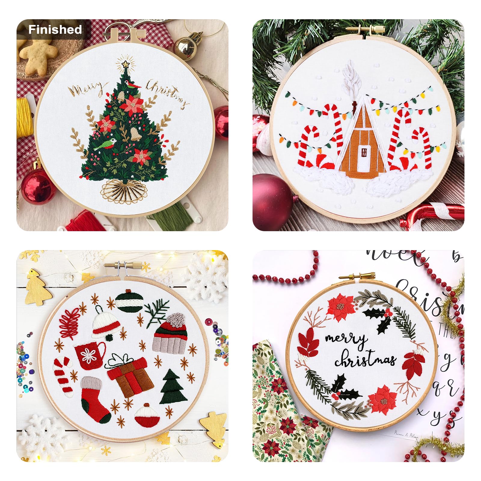 Sivilife Christmas Embroidery Starter Kit for Beginners, 4 Sets Stamped Cross Stitch Kits for Adult, Cute Sock Gift Pattern Hand DIY Kit with 2 Embroidery Hoops Instructions Color Threads and Needles
