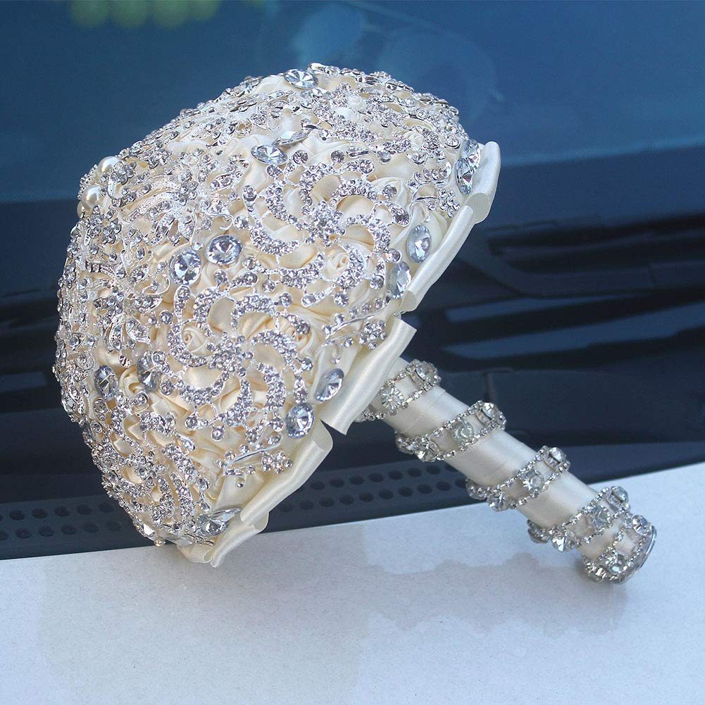 DOTKV Wedding Bouquet with Silver Luxury Artificial Diamond,Set Including Bouquets, Wrist Flowers,Corsage for Your Wedding with Full Hand-Made (Silver+Ivory)