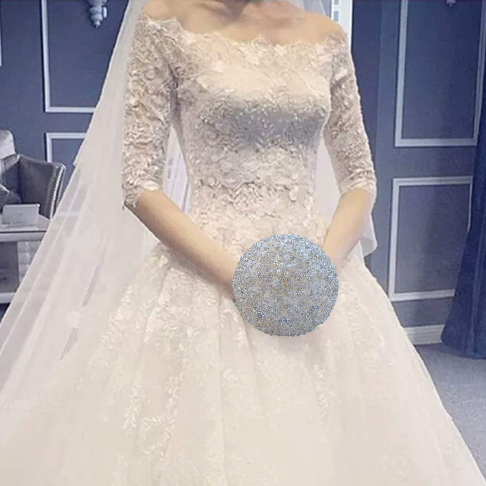 DOTKV Wedding Bouquet with Silver Luxury Artificial Diamond,Set Including Bouquets, Wrist Flowers,Corsage for Your Wedding with Full Hand-Made (Silver+Ivory)