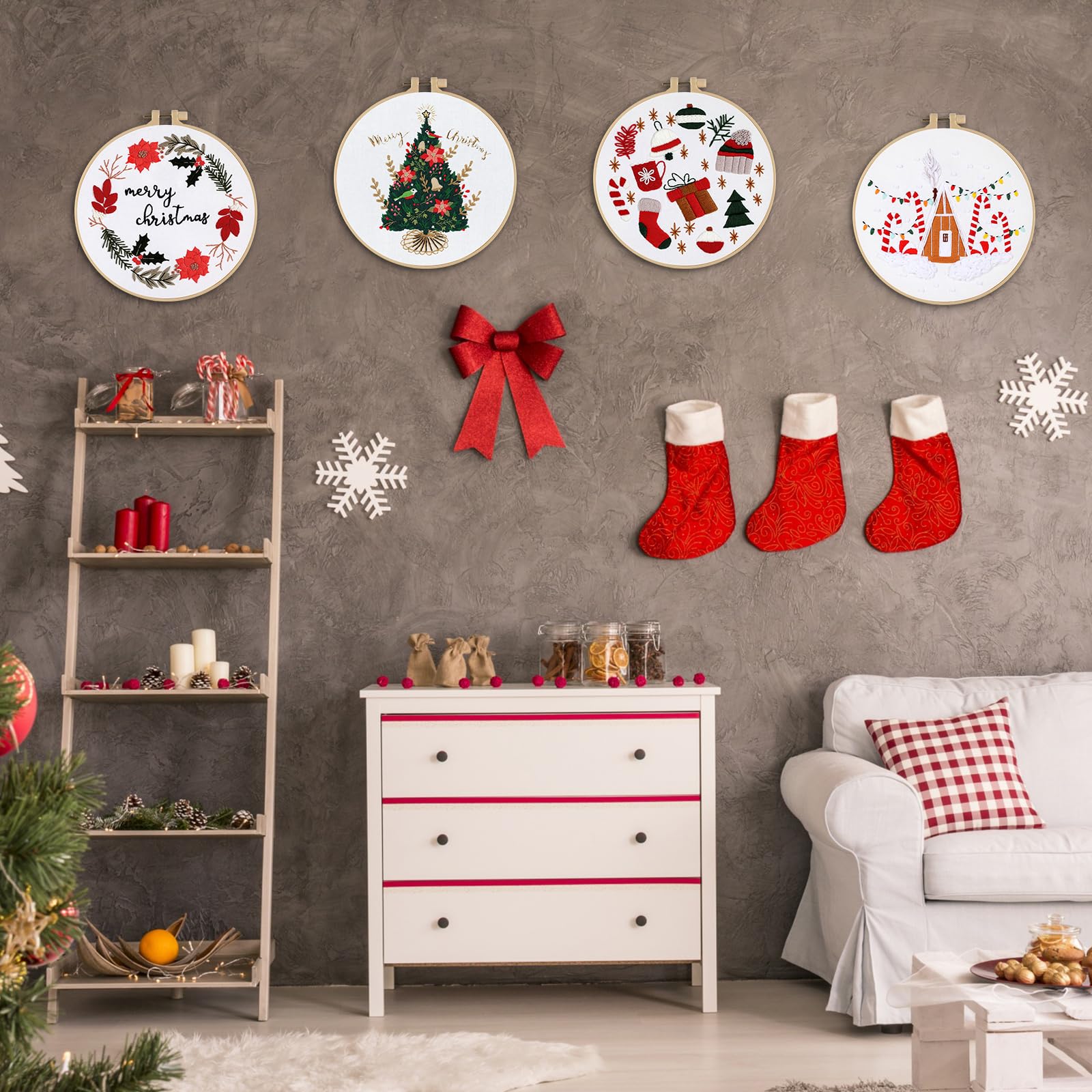 Sivilife Christmas Embroidery Starter Kit for Beginners, 4 Sets Stamped Cross Stitch Kits for Adult, Cute Sock Gift Pattern Hand DIY Kit with 2 Embroidery Hoops Instructions Color Threads and Needles