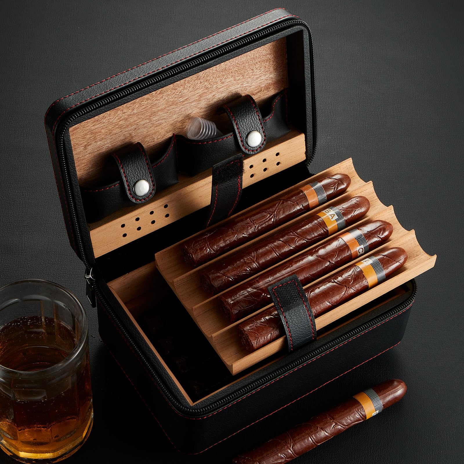 SEEJI Travel Cigar Humidor Box Case - Double Layer Design with Cedar Wood, Large Capacity for 8-10 Cigarsfor Father's Day and Christmas (Black)