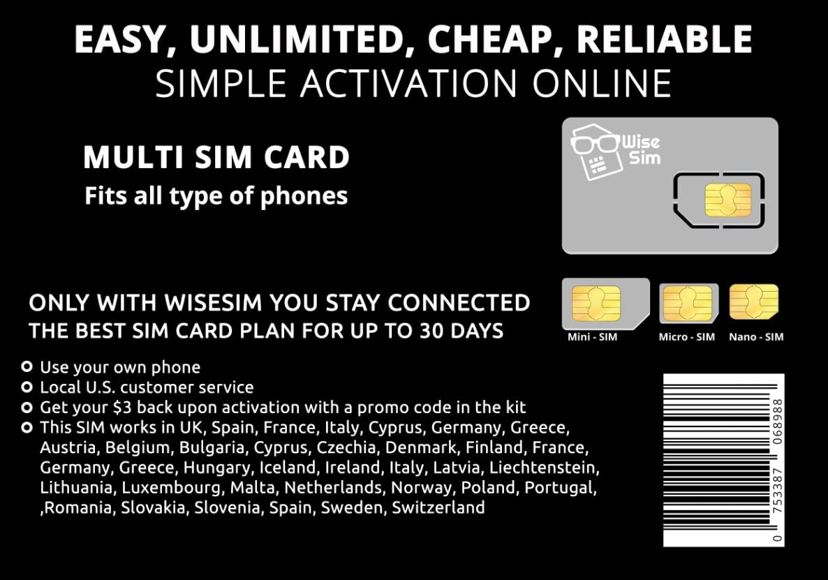 European SIM Card: 10GB Data + 3000 Minutes + Text Messages - 30 Days, Free Roaming