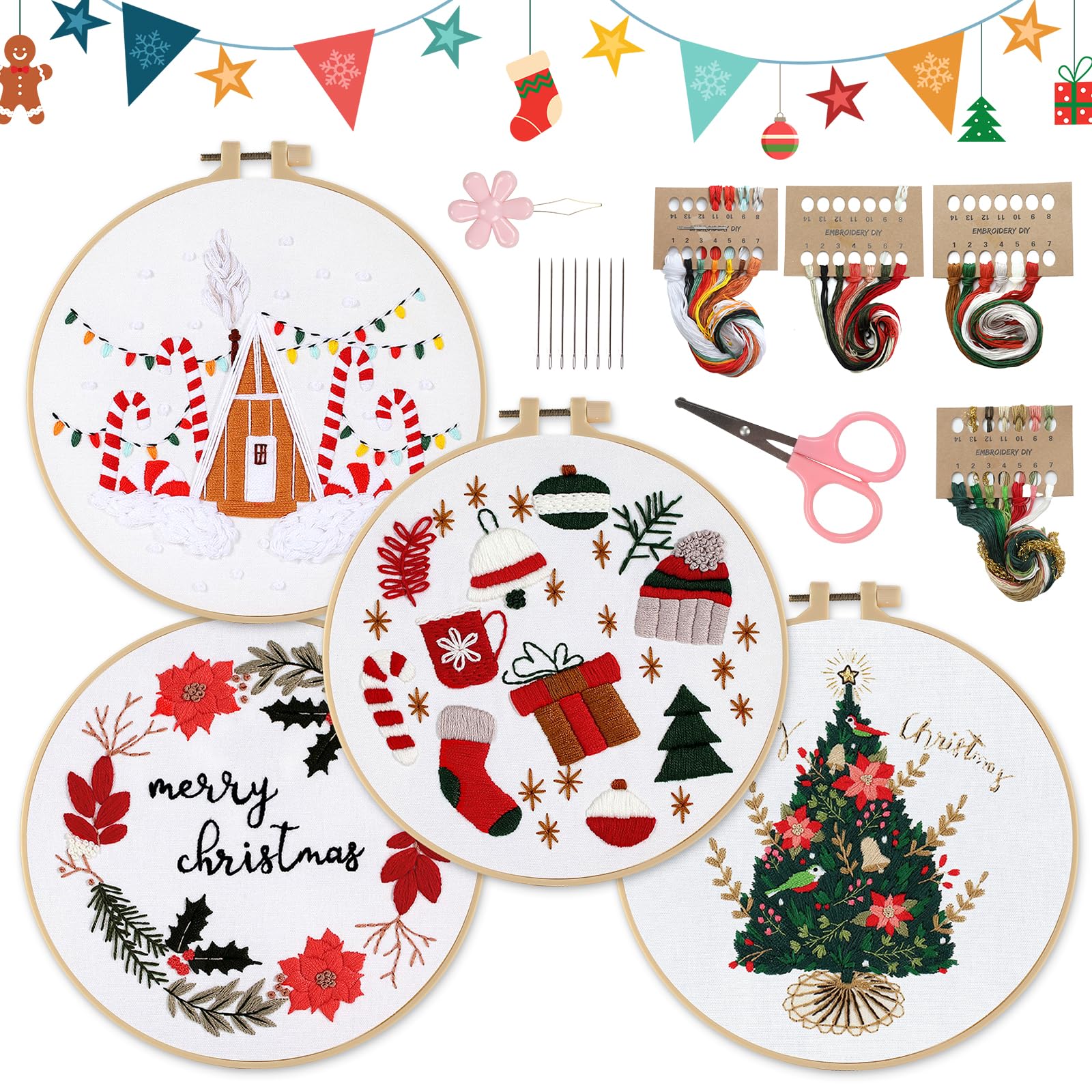 Sivilife Christmas Embroidery Starter Kit for Beginners, 4 Sets Stamped Cross Stitch Kits for Adult, Cute Sock Gift Pattern Hand DIY Kit with 2 Embroidery Hoops Instructions Color Threads and Needles